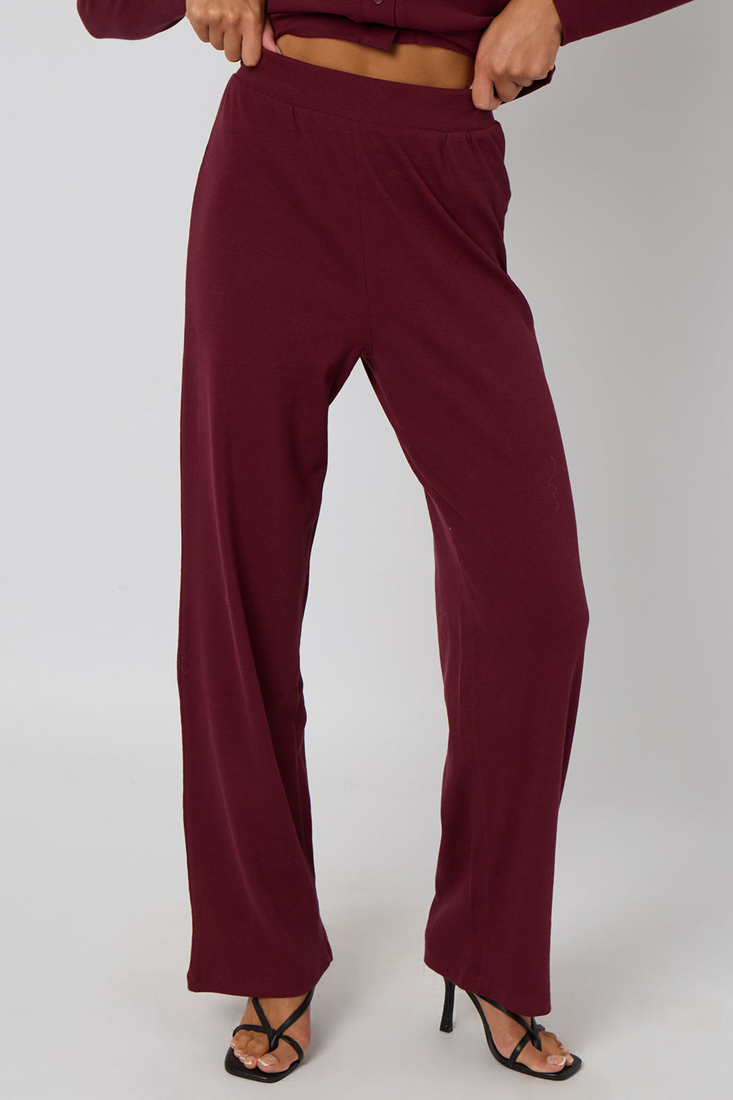 Burgundy Ribbed Wide Leg Trouser | Goddiva