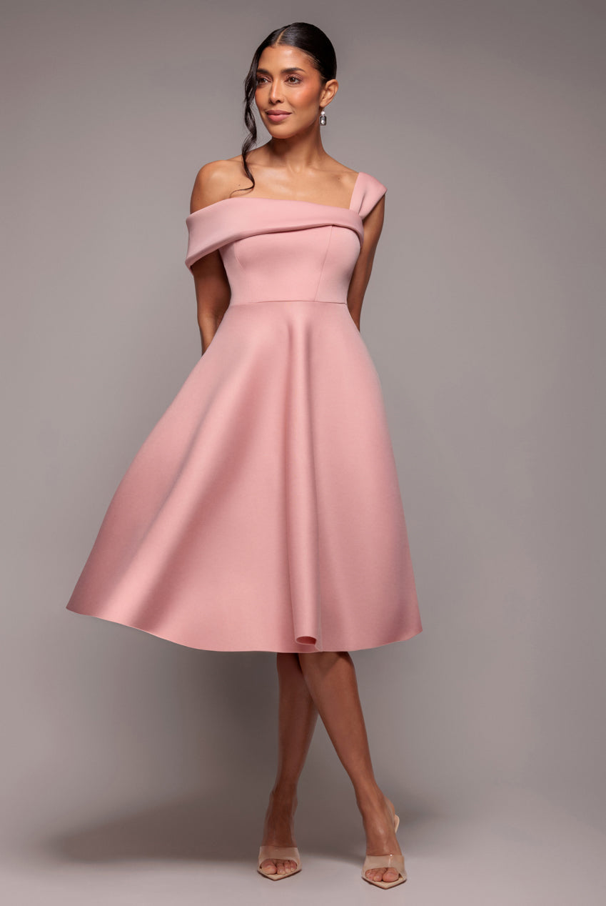 One Shoulder A Line Midi Dress - Blush Pink