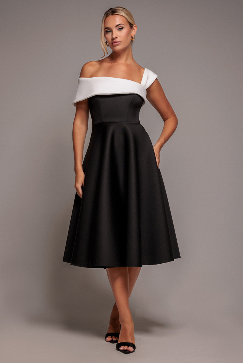 One Shoulder A-Line Midi Dress - Navy Blue