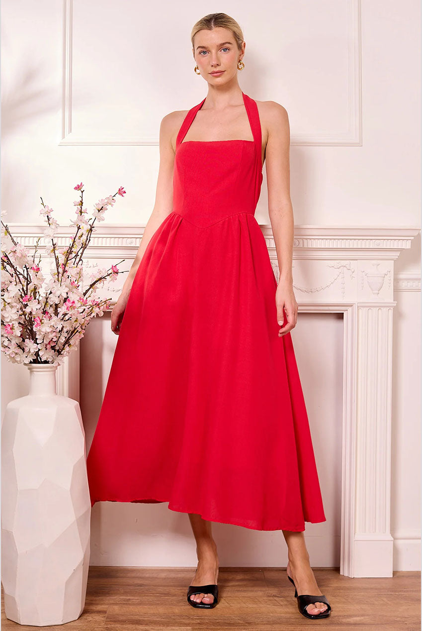 Midi Drop-Waist Red Halterneck Dress | Goddiva
