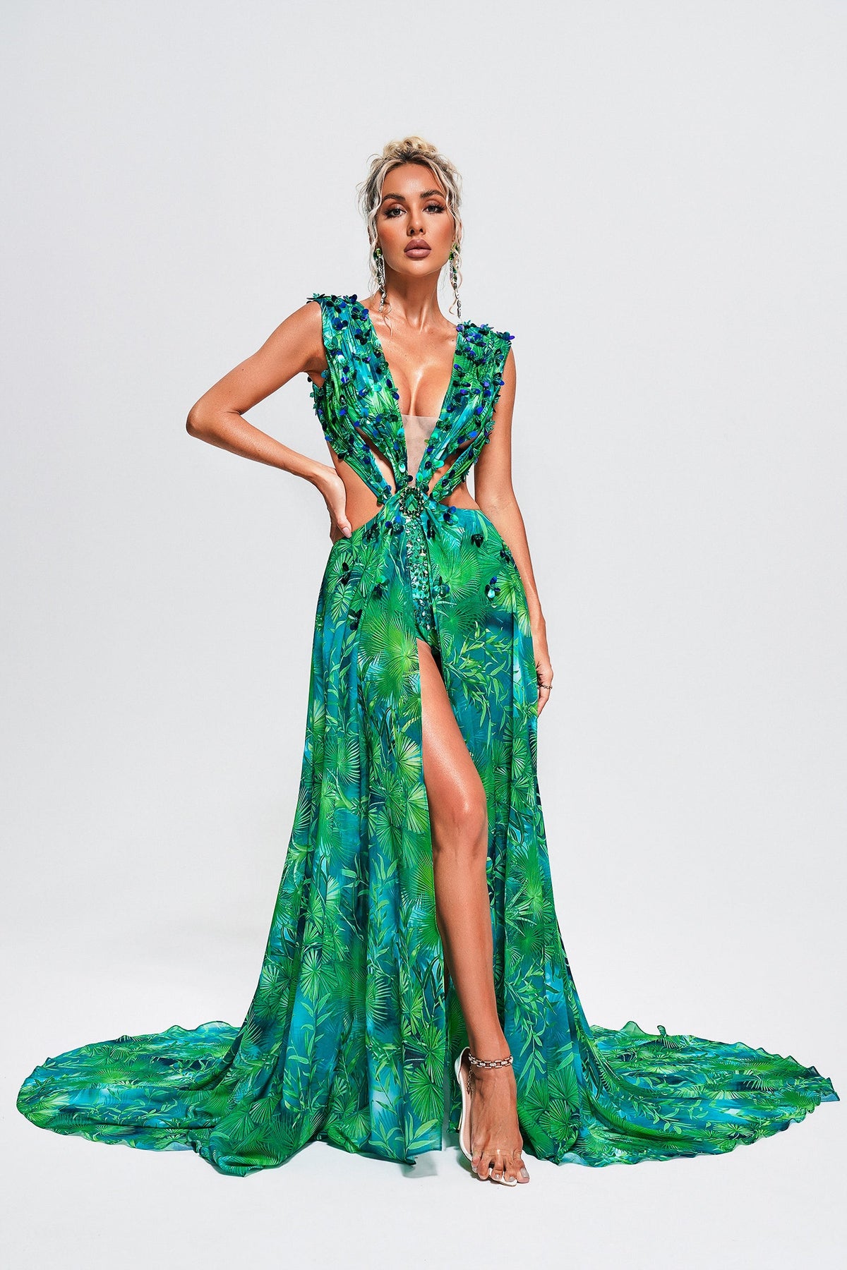 Yoland Printed Embellished Maxi Dress | Goddiva